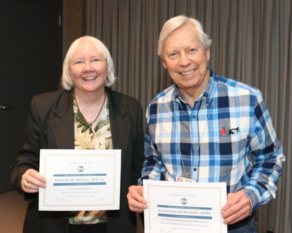 Recognition of Toastmasters Longevity – 15 and 25 Years